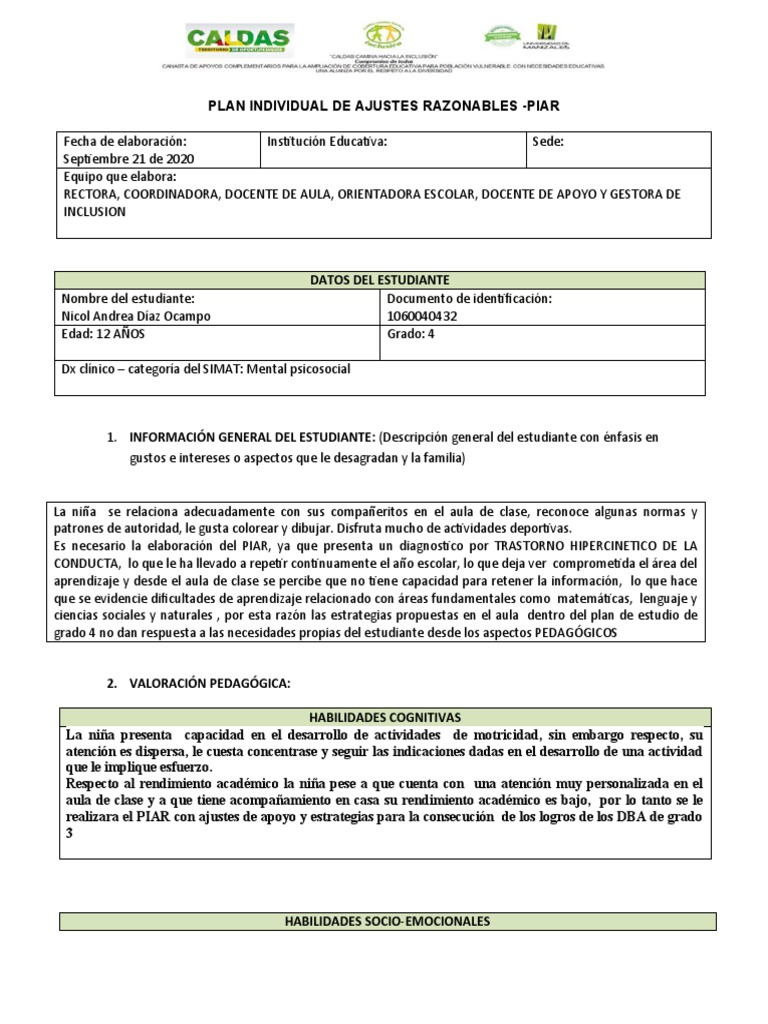 Ejemplo Del Piar | PDF | Salón de clases | Inclusión (Educación)