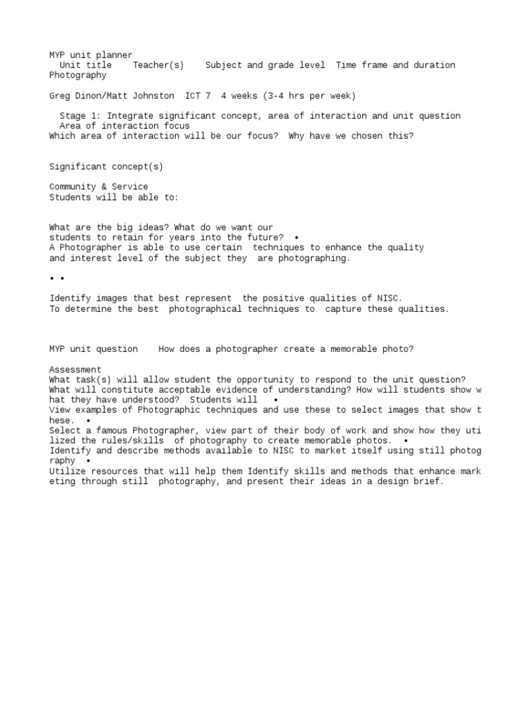 MYP Unit Planner Photography | PDF | Educational Assessment ...