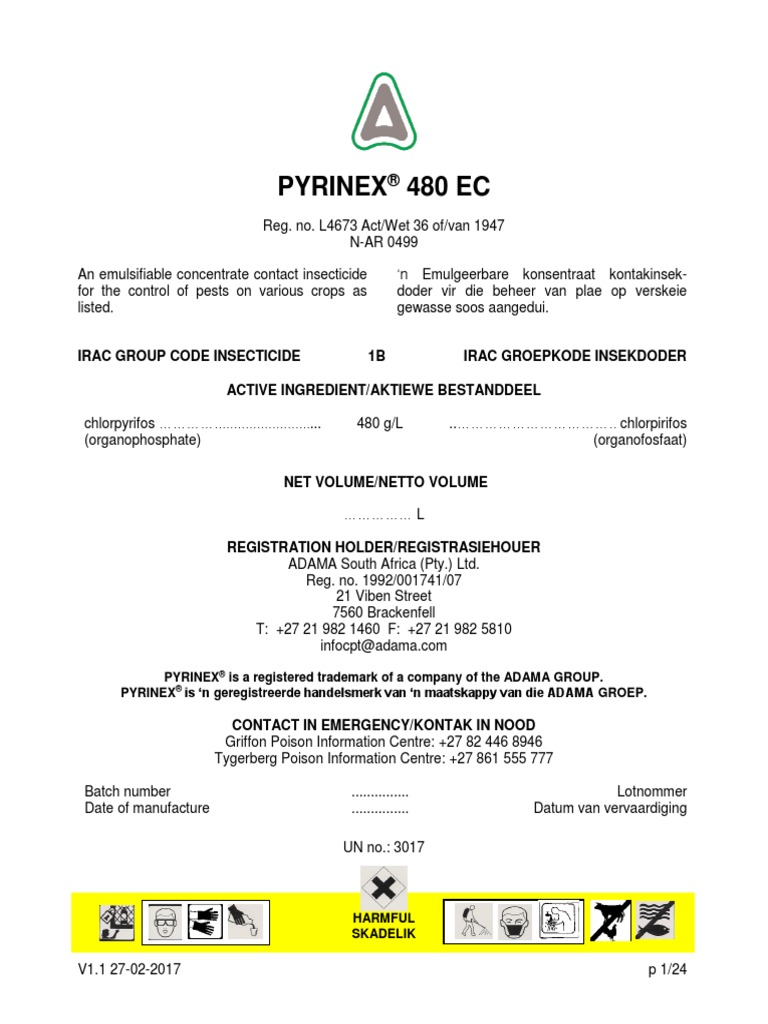 Pyrinex 480 EC: Irac Group Code Insecticide 1B Irac Groepkode ...