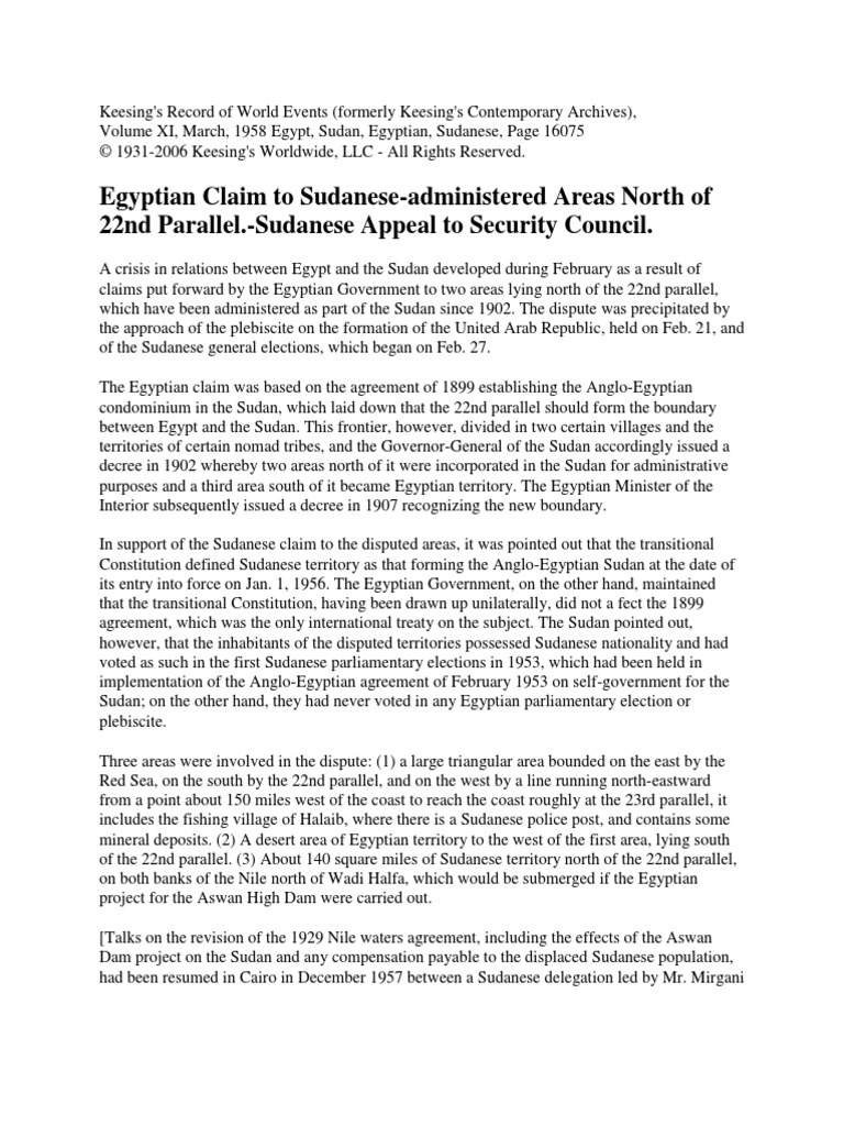 Egyptian Claim To Sudanese-Administered Areas North of 22nd Parallel ...