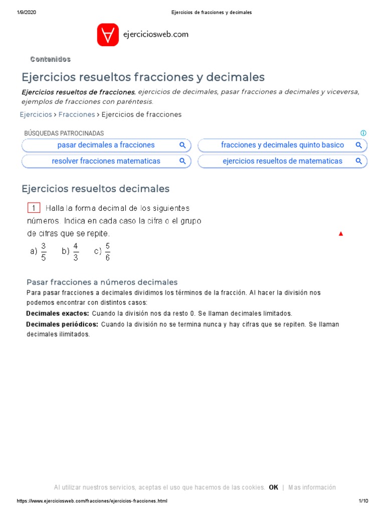 Ejercicios de Fracciones y Decimales | PDF | Fracción (Matemáticas ...