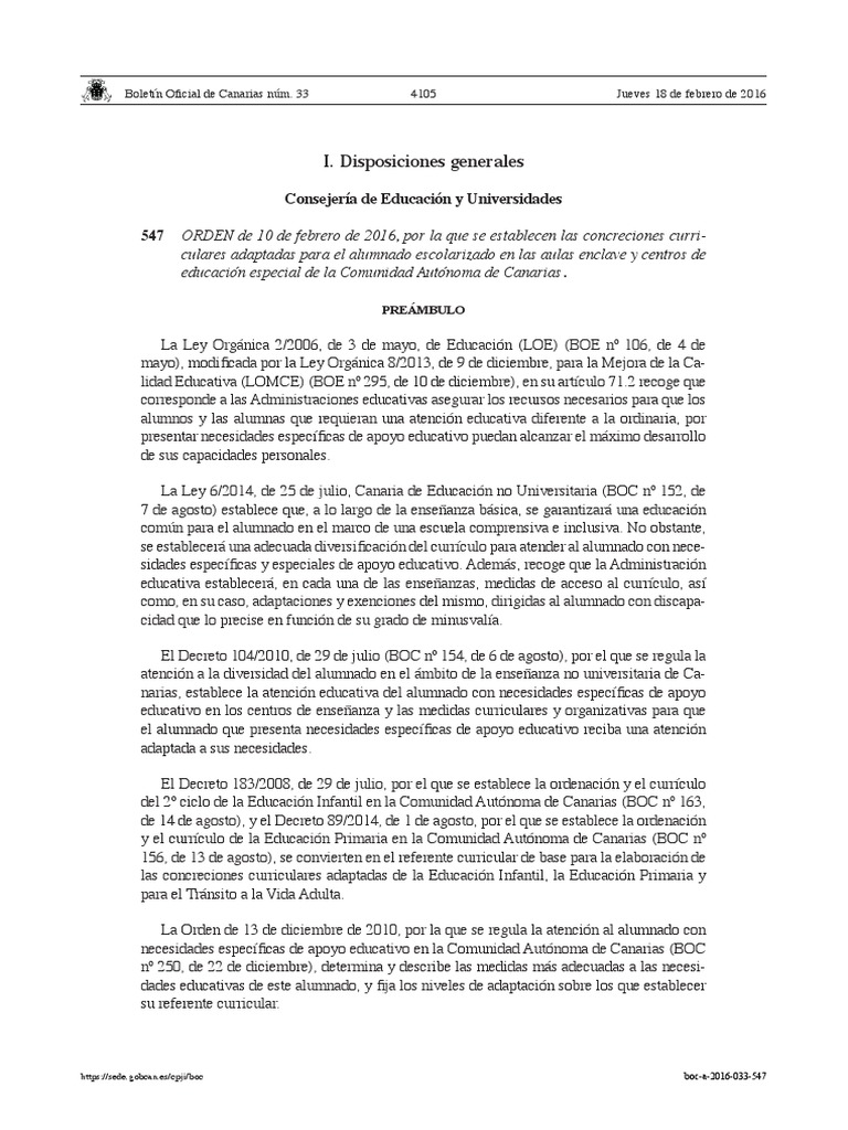 Orden 10 de Febrero de 2016 Concreciones Curriculares Adaptadas para Alumnado en Aulas Enclave y ...