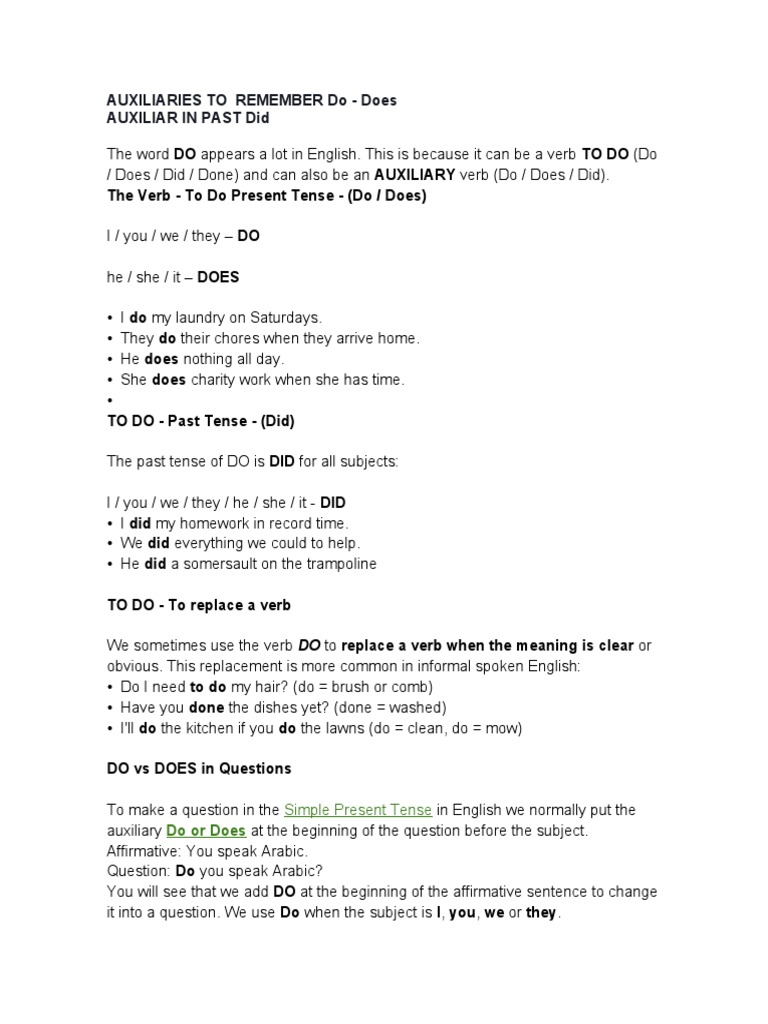 Auxiliaries Do-Does-Did | PDF | Verb | Grammatical Tense