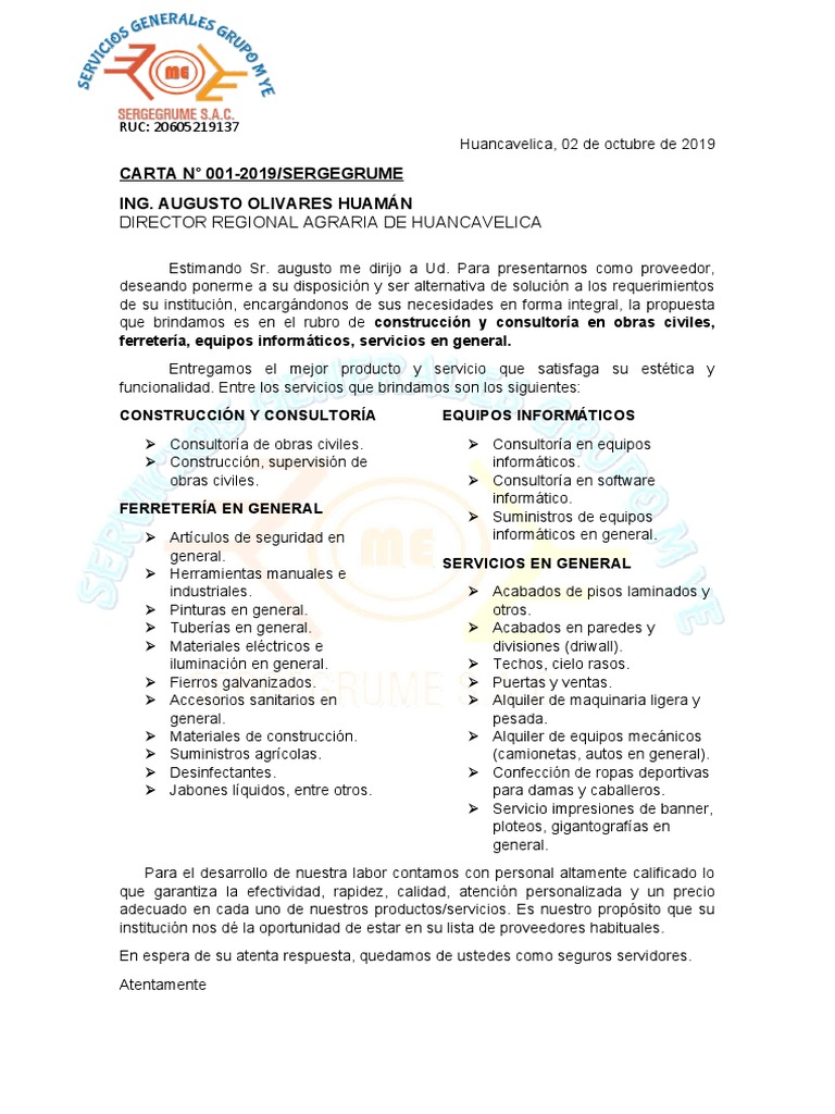 Carta de Presentacion de Proveedor | PDF | Business | Science