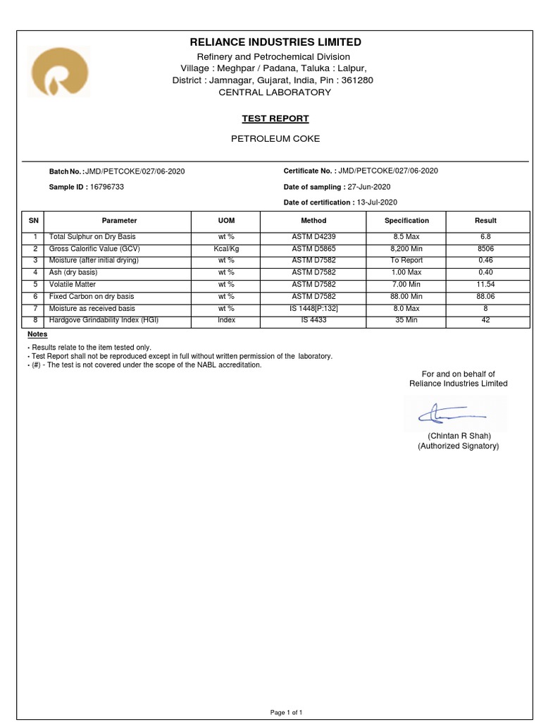 7test Report of Petroleum Coke Dated 13.07.2020 | PDF | Chemical Energy ...