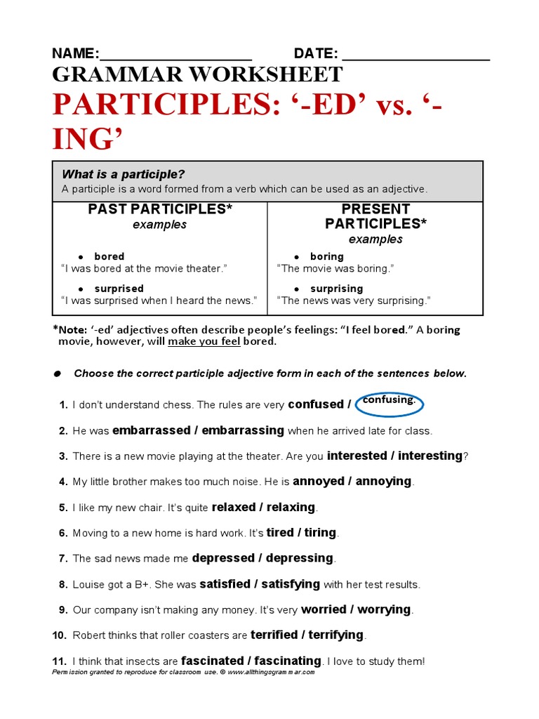 PARTICIPLES: - ED' vs. - Ing': Grammar Worksheet | PDF