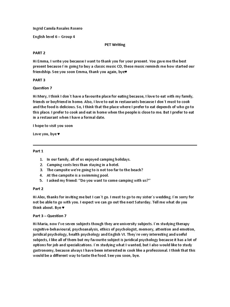 PET Writing (Parts 1, 2 and 3) | PDF