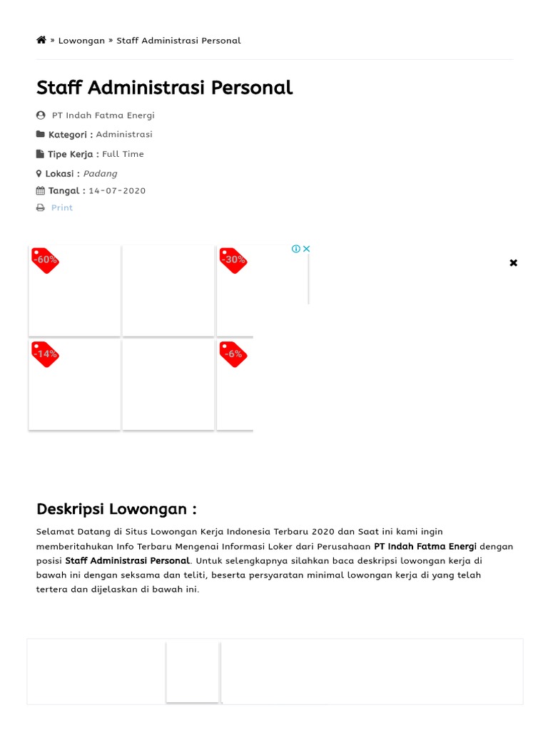 Lowongan Kerja Staff Administrasi Personal Padang PT Indah Fatma Energi ...