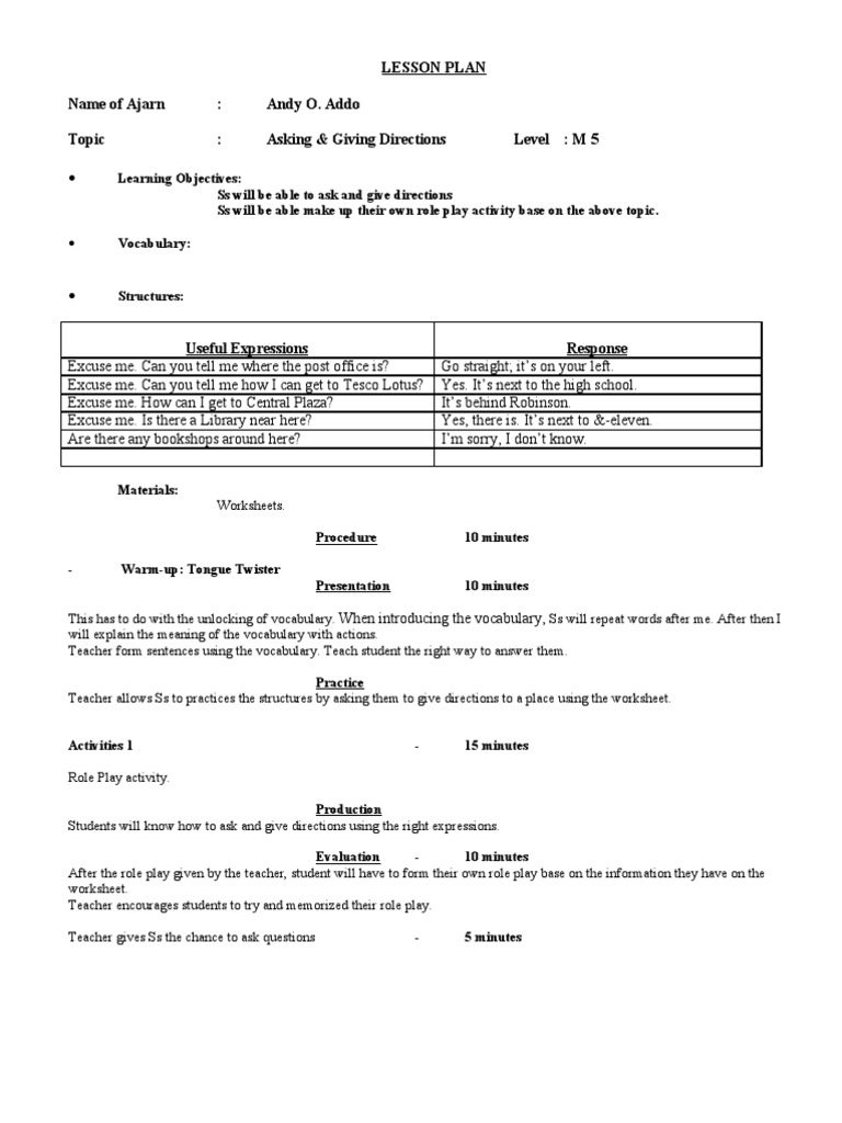 Lesson Plan - Asking For Directions M5 | PDF | Vocabulary | Lesson Plan