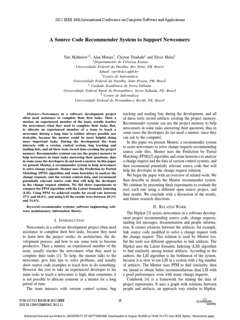 A Source Code Recommender System To Support Newcomers | PDF ...
