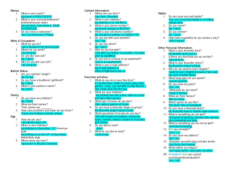 Names Contact Information Habits: Exception! | PDF | Entertainment ...
