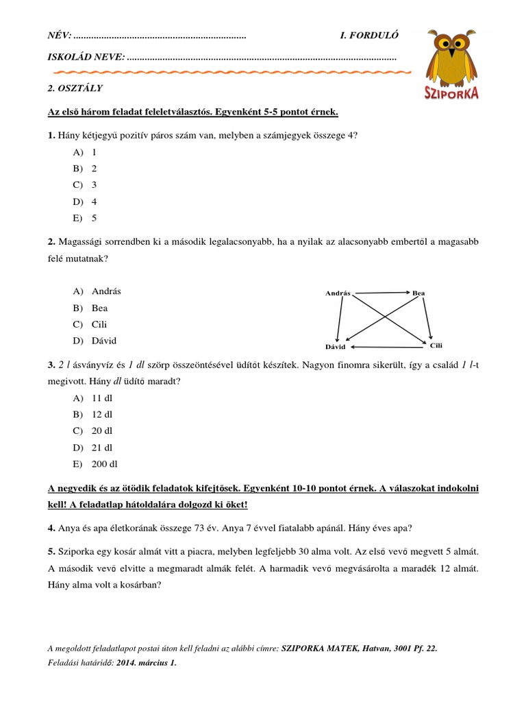 SZIPORKA 2. osztály 1. forduló | PDF