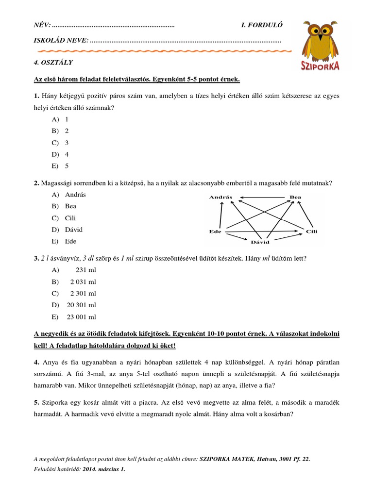 SZIPORKA 4. Osztály 1. Forduló | PDF