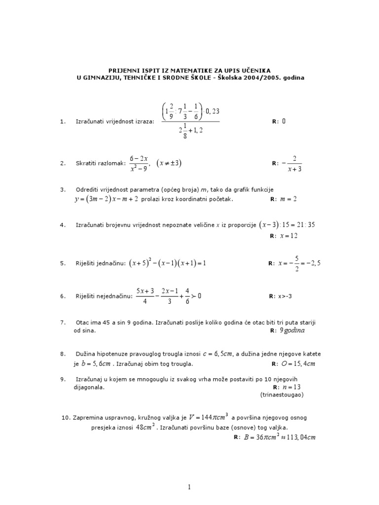 Prijemni - Ispit - Matematika | PDF