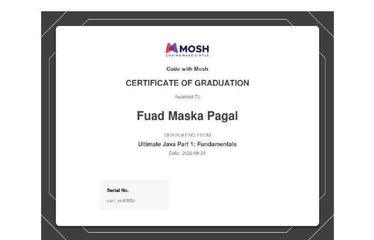Certificate of Completion For Ultimate Java Part 1 Fundamentals | PDF