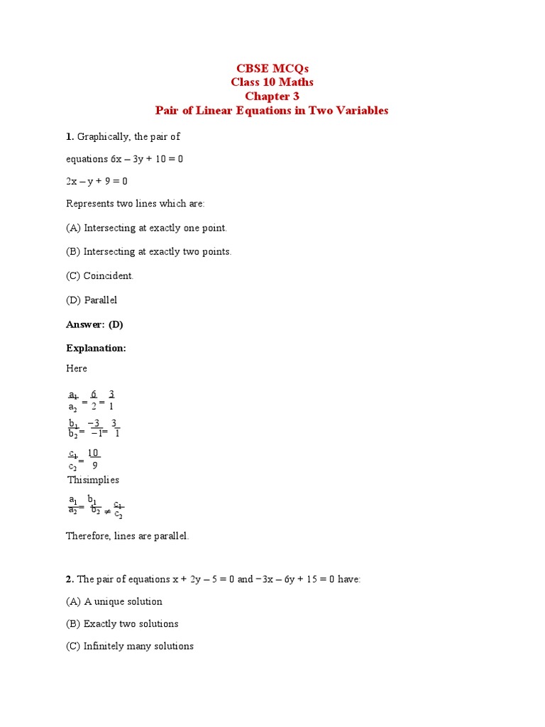 Cbse Class 10 Maths Chapter 3 Mcqs | PDF | System Of Linear Equations | Equations