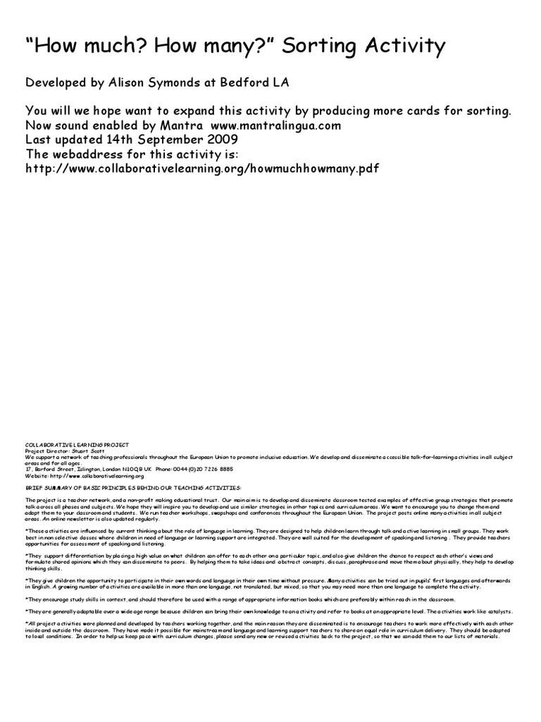 "How Much? How Many?" Sorting Activity | PDF | Teachers | Curriculum