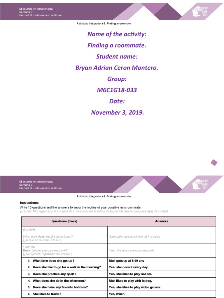 Name of The Activity: Finding A Roommate. Student Name: Bryan Adrian ...