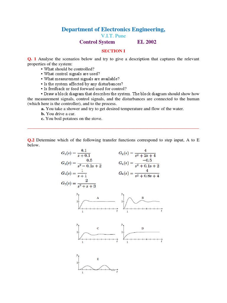 Department of Electronics Engineering,: Control System EL 2002 | PDF ...