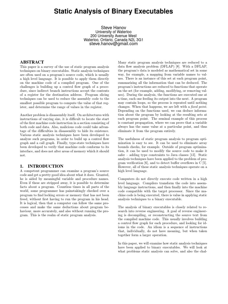 Static Analysis Of Binary Exe Pdf Computer Program Programming