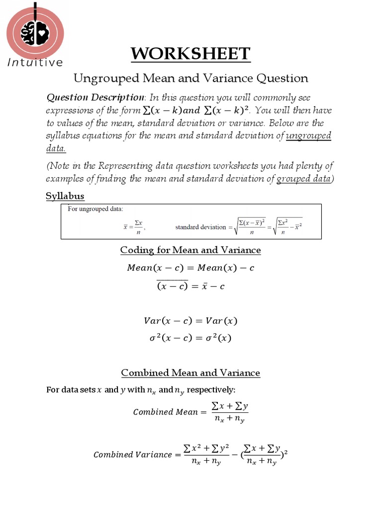Ungrouped Mean and Variance Quesiton Worksheet | PDF