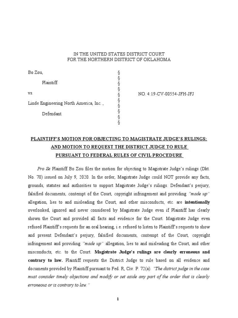 2020.07.21 - DOC76 - Zou (Linde) - Plaintiff's Motion For Objecting To ...