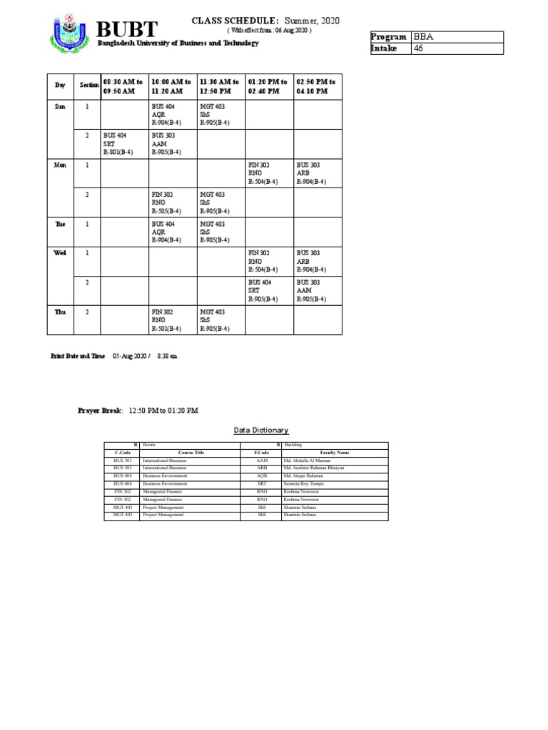 Program Class Schedule: Intake: BBA Summer, 2020 46 | PDF