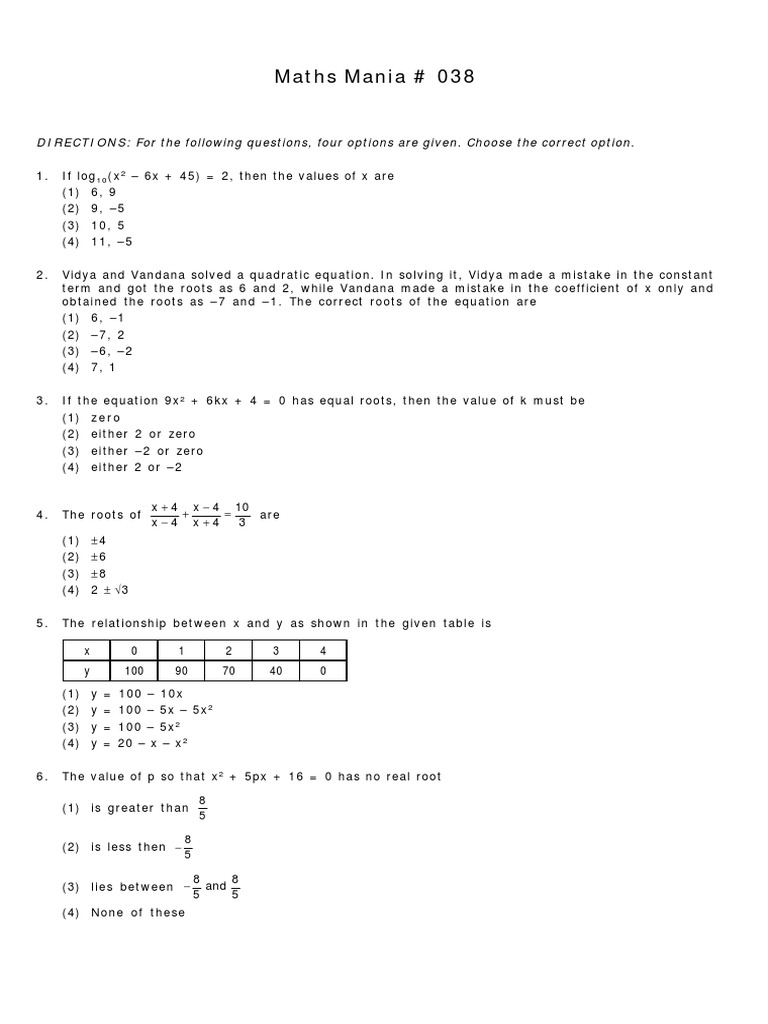 Maths Mania # 038: DIRECTIONS: For The Following Questions, Four ...