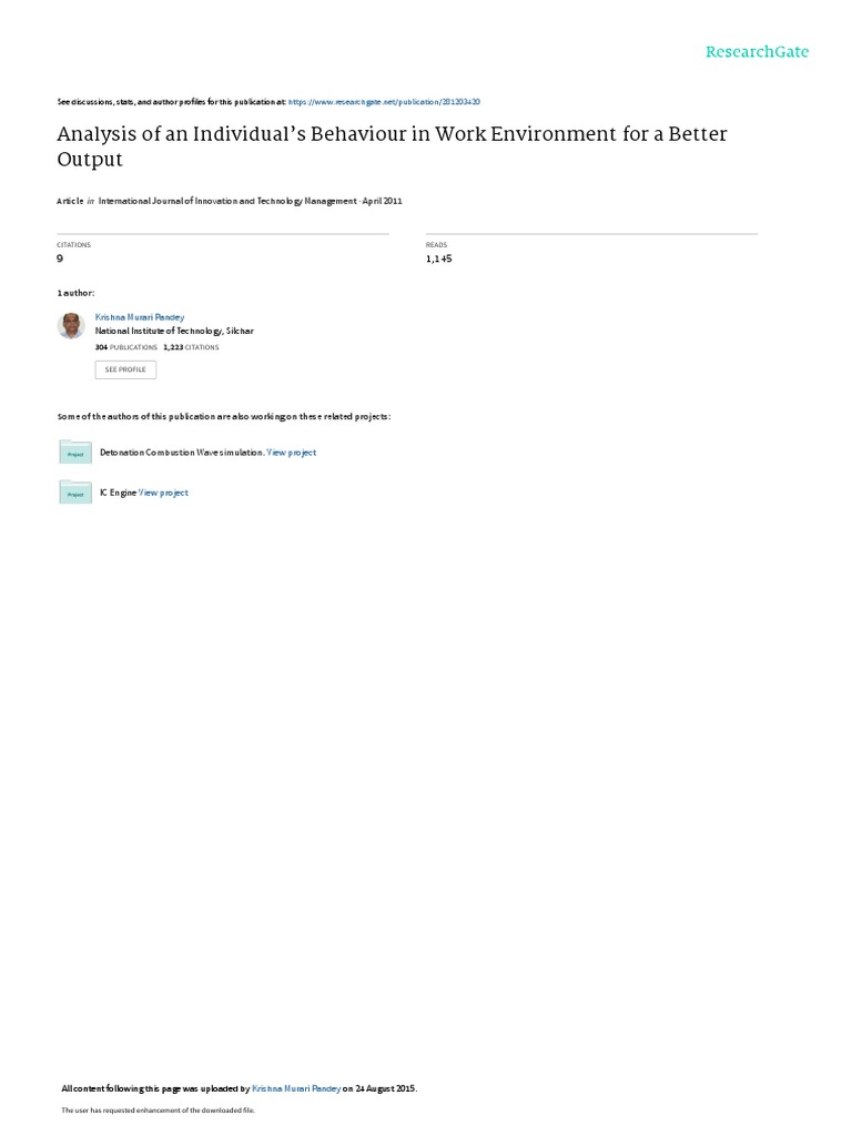 Analysis of An Individual's Behaviour in Work Environment For A Better ...