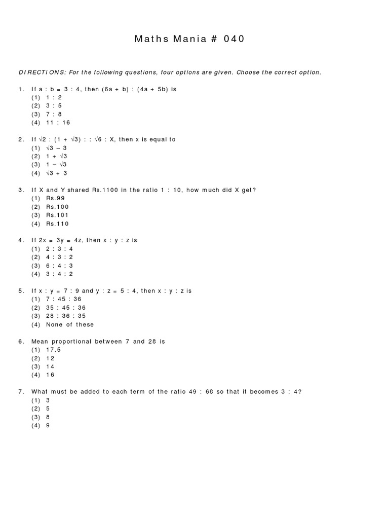 Maths Mania # 040: DIRECTIONS: For The Following Questions, Four ...