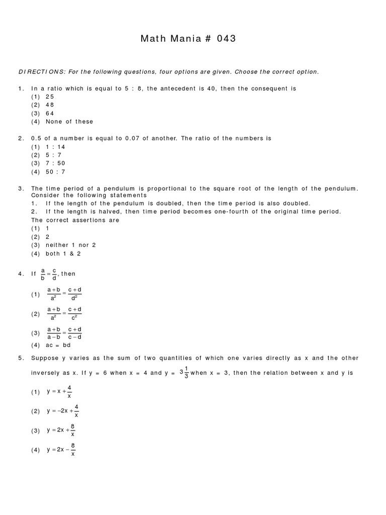 Math Mania # 043: DIRECTIONS: For The Following Questions, Four Options ...