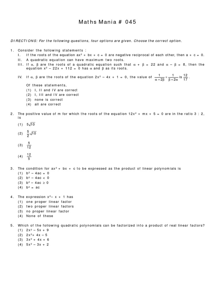 Maths Mania # 045: DIRECTIONS: For The Following Questions, Four ...