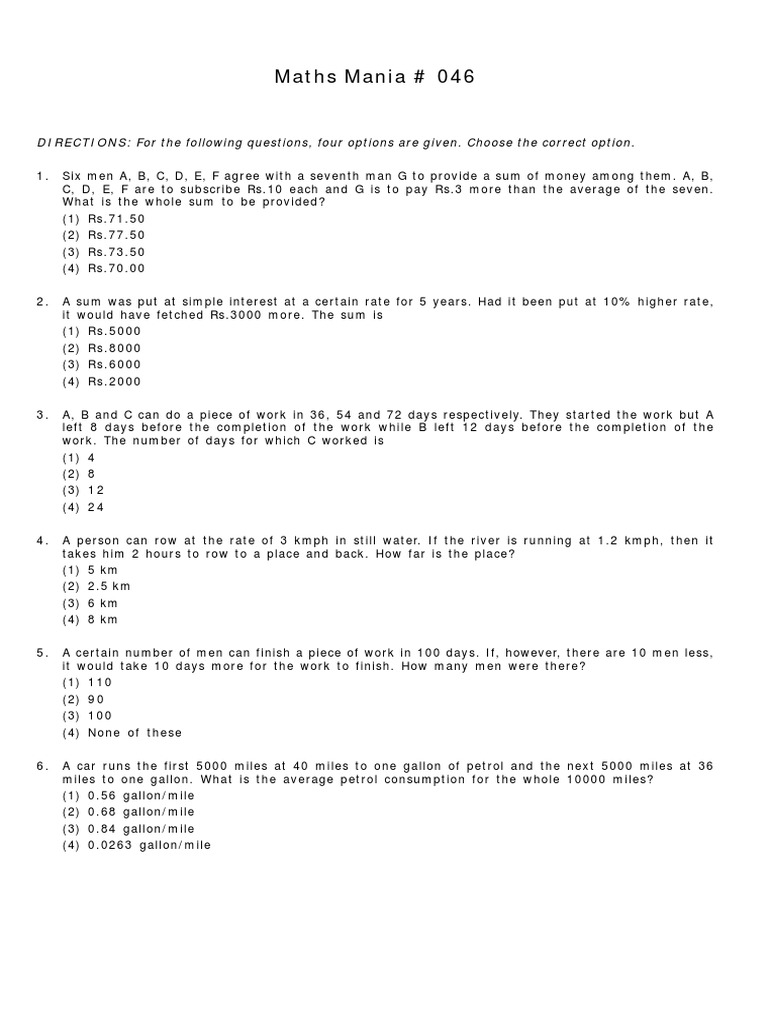 Maths Mania # 046: DIRECTIONS: For The Following Questions, Four ...