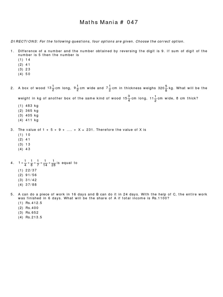 Maths Mania # 047: DIRECTIONS: For The Following Questions, Four ...