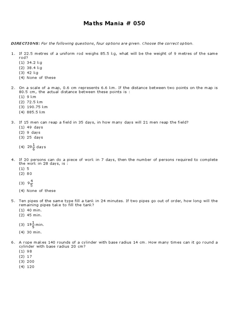 Maths Mania # 050: DIRECTIONS: For The Following Questions, Four ...