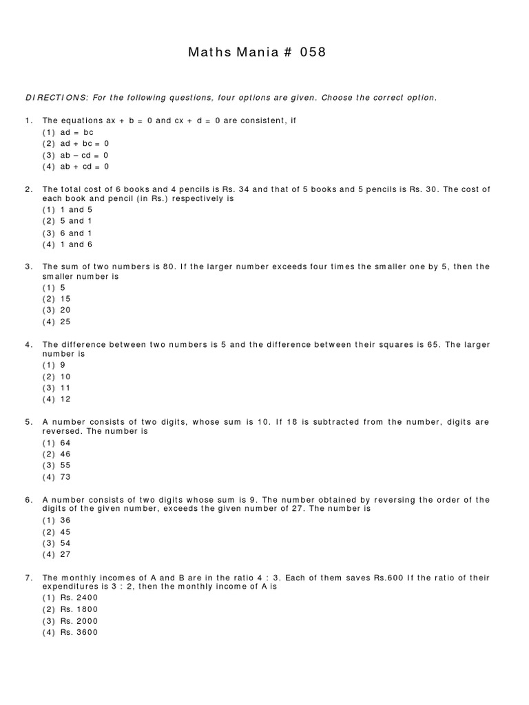 Maths Mania # 058: DIRECTIONS: For The Following Questions, Four ...