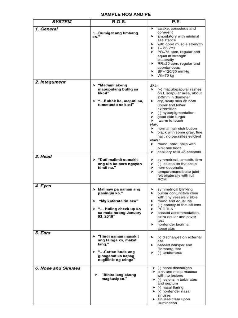 Sample ROS, PE PDF | Download Free PDF | Human Nose | Human Anatomy