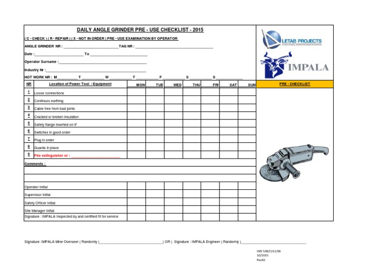 IMS 538.C211.06-Angle Grinder Pre - Use Checklist Rev02 | PDF