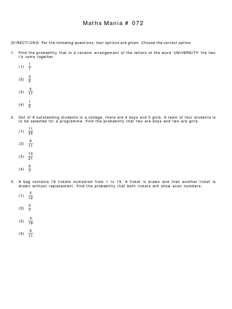 Maths Mania # 072: DIRECTIONS: For The Following Questions, Four ...