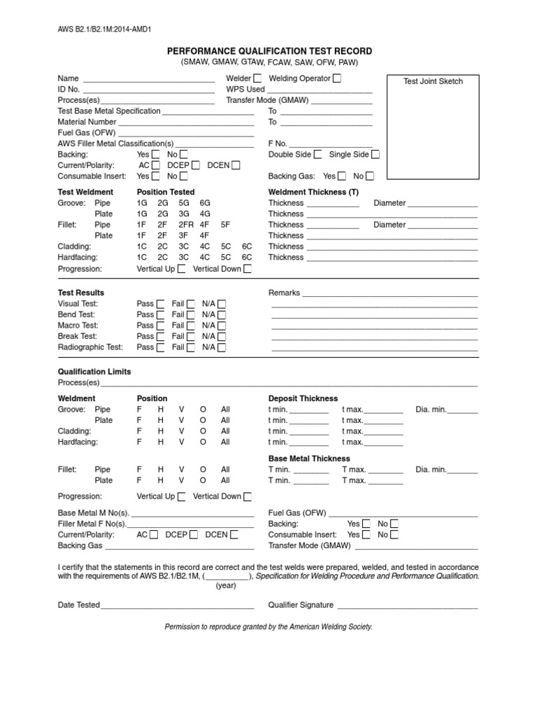 Performance Qualification Test Record: Test Weldment Position Tested ...