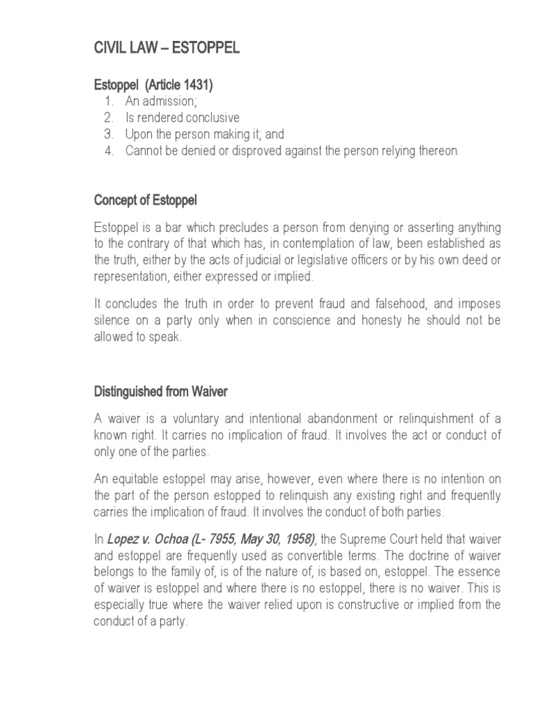 Civil Law - Estoppel | PDF | Estoppel | Laches (Equity)