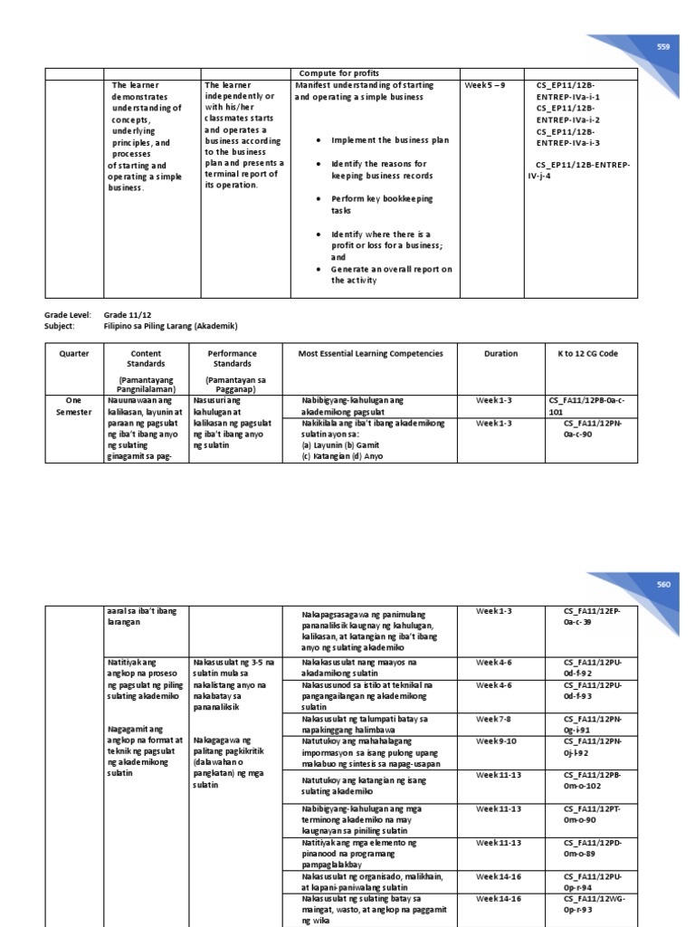 MELCS For Pilipino Sa Piling Larangan Akademik PDF | PDF
