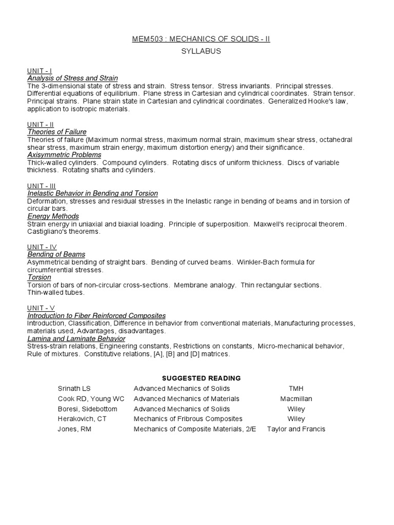 Mem503: Mechanics of Solids - Ii Syllabus: Analysis of Stress and ...