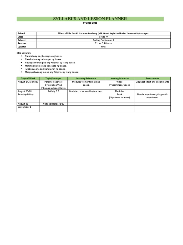 Syllabus and Lesson Planner: (Adis Street, Tapia Subdivision Tanauan ...
