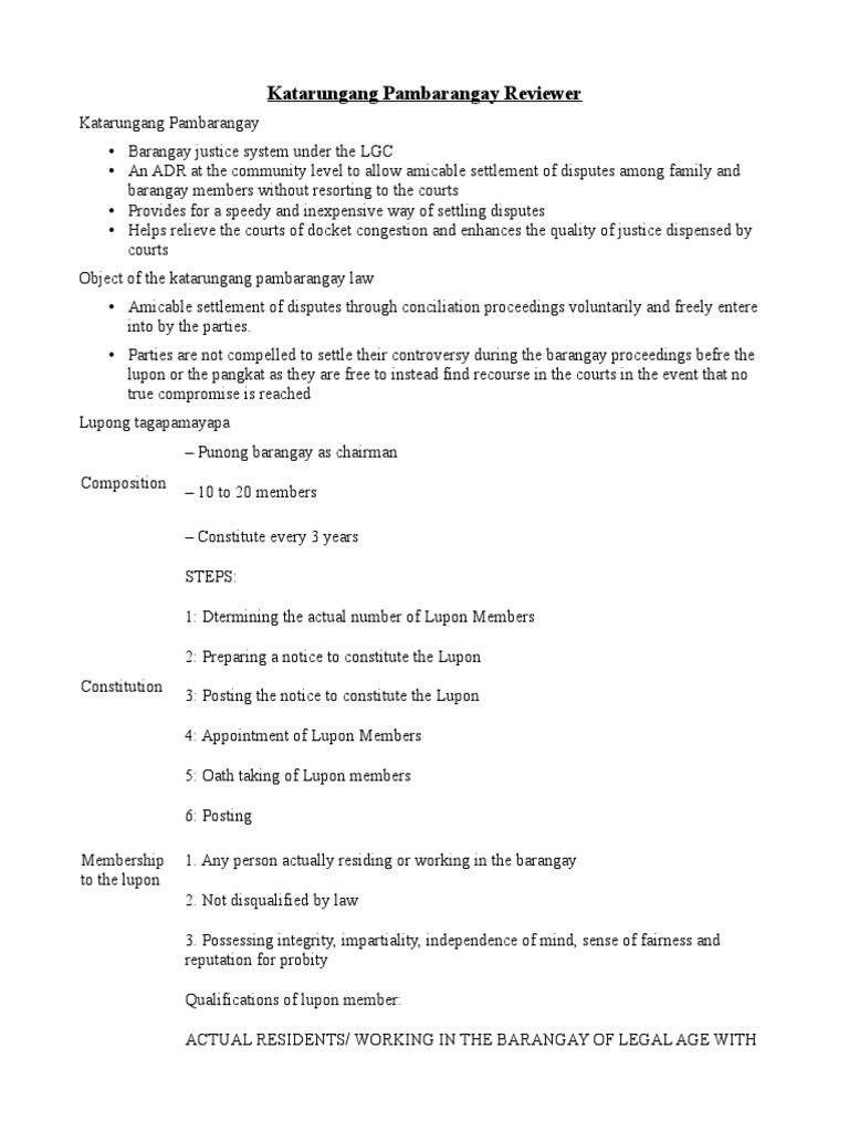 Overview of Katarungang Pambarangay | PDF | Lawsuit | Complaint
