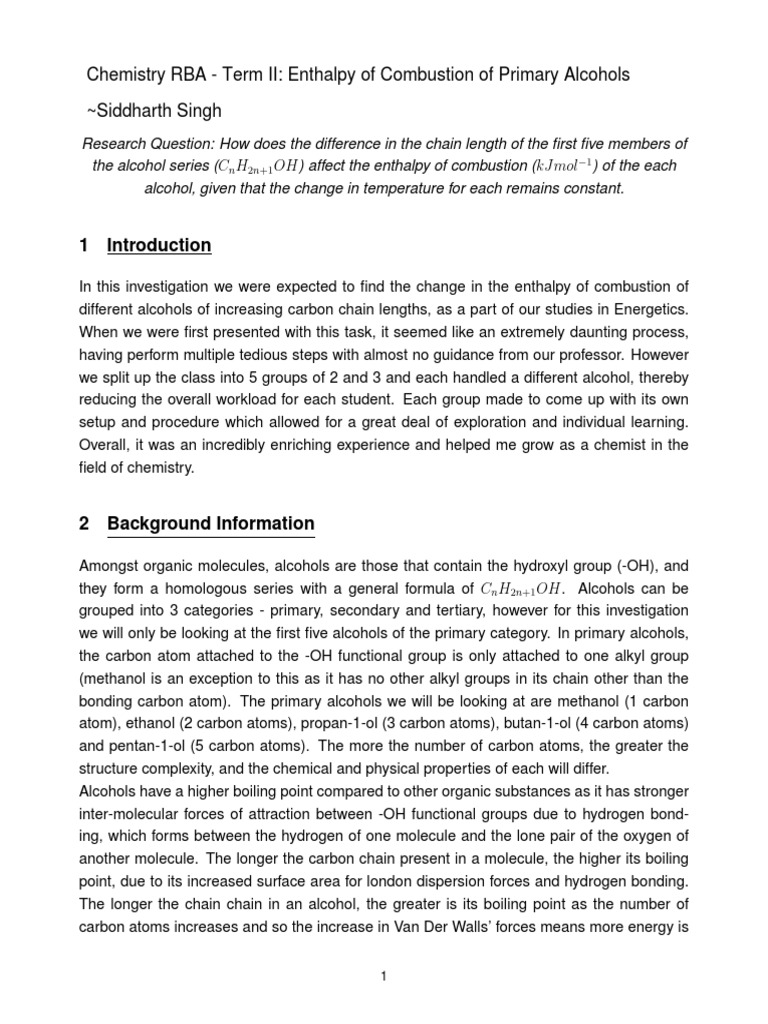 Chemistry RBA - Enthalpy of Combustion of Alcohols | PDF | Enthalpy ...