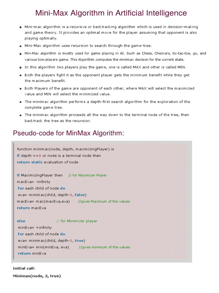Artificial Intelligence - Mini-Max Algorithm | PDF | Theoretical Computer Science | Algorithms ...