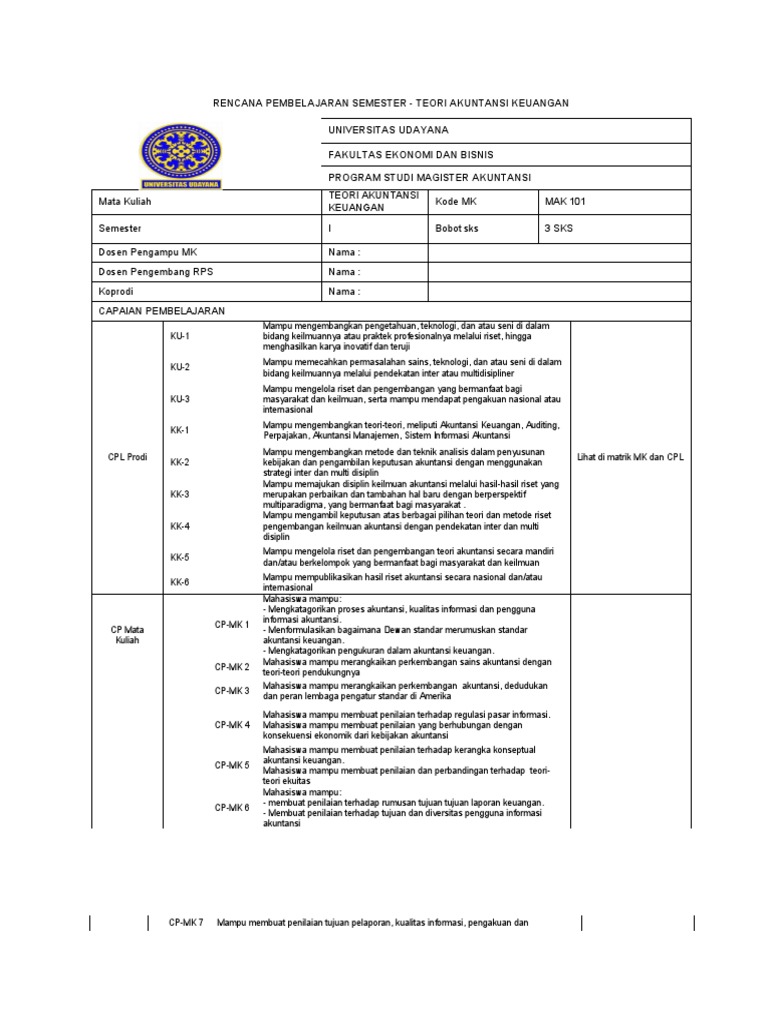 RPS Teori Akuntansi Keuangan | PDF