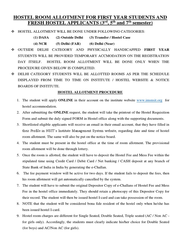 Hostel Room Allotment For First Year Students and Fresh Hostel Applicants (3, 5 and 7 Semester ...