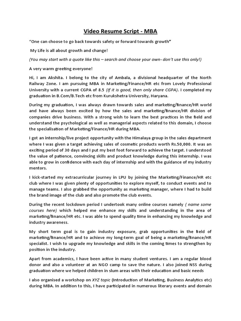 Video Resume Script For MBA Students | PDF | Master Of Business ...
